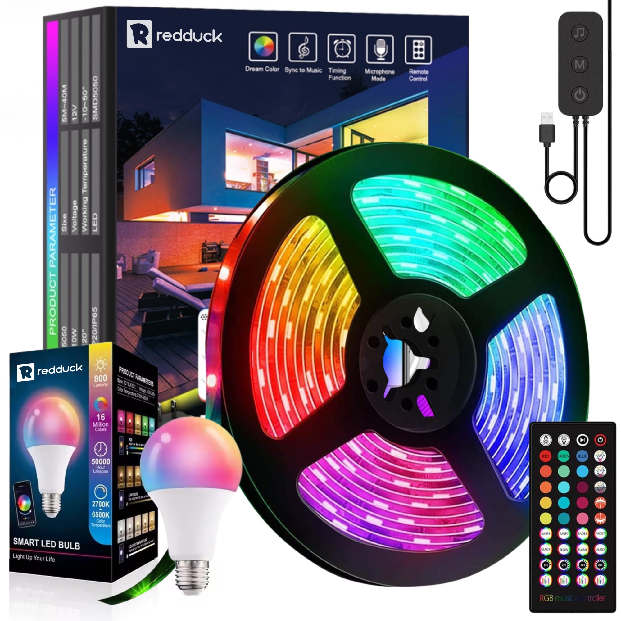 Kit Banda Led Inteligenta Redduck™, 5 Metri, 60 LED/metru, RGB, Lumina ...