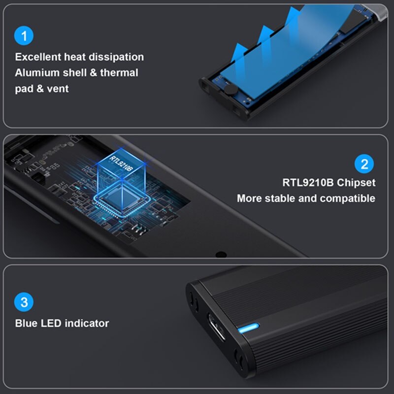 SSD-ház USB3.1–M.2 NVME, Rqiurpn, 10 Gbps, C típusú PCI, Max. 2 TB ...