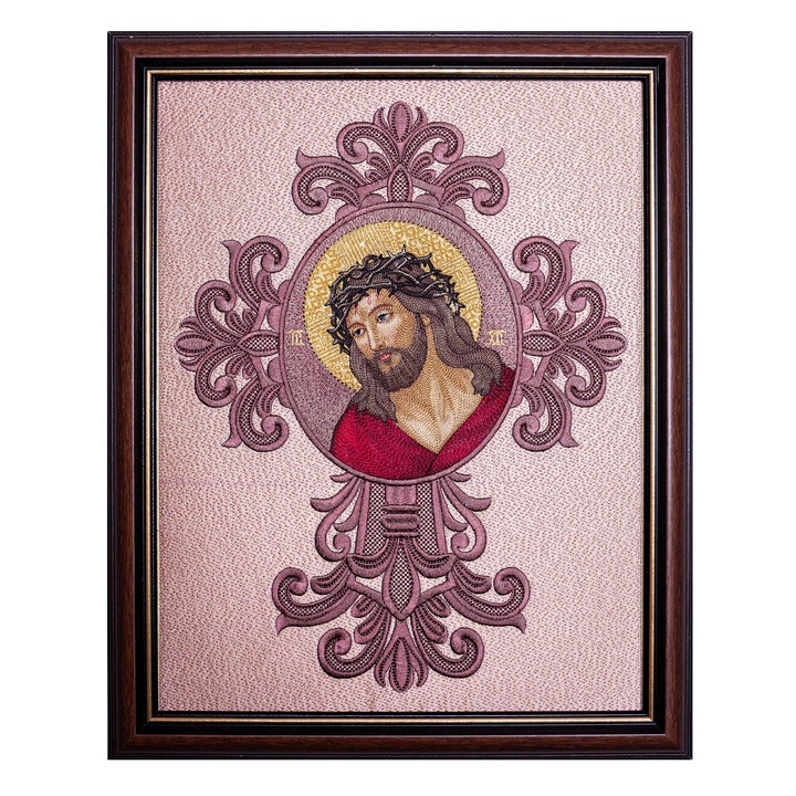 Icoana cu Mantuitorul (coroana cu spini) si Sfanta Cruce – brodata ...