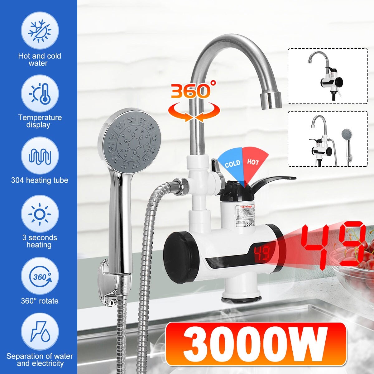 Robinet electric cu dus pentru incalzit apa instant, cu afisaj LED al ...