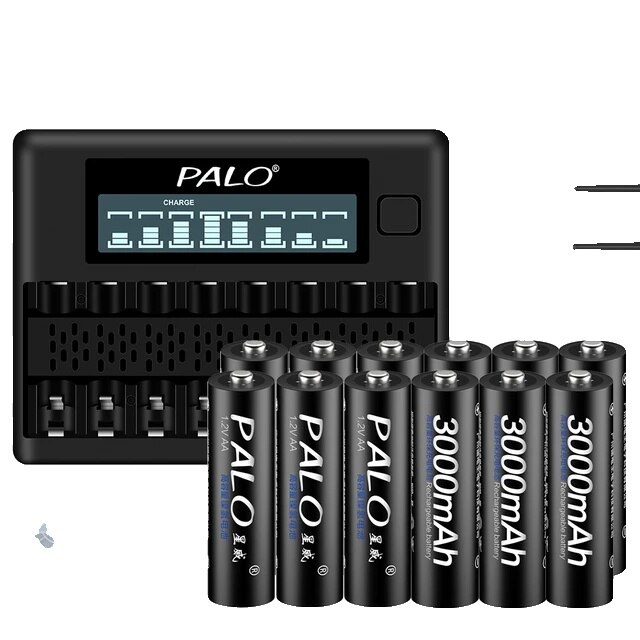 Set acumulatori AA Ni-MH PALO, 3000mAh, 12 bucati si incarcator - eMAG.ro