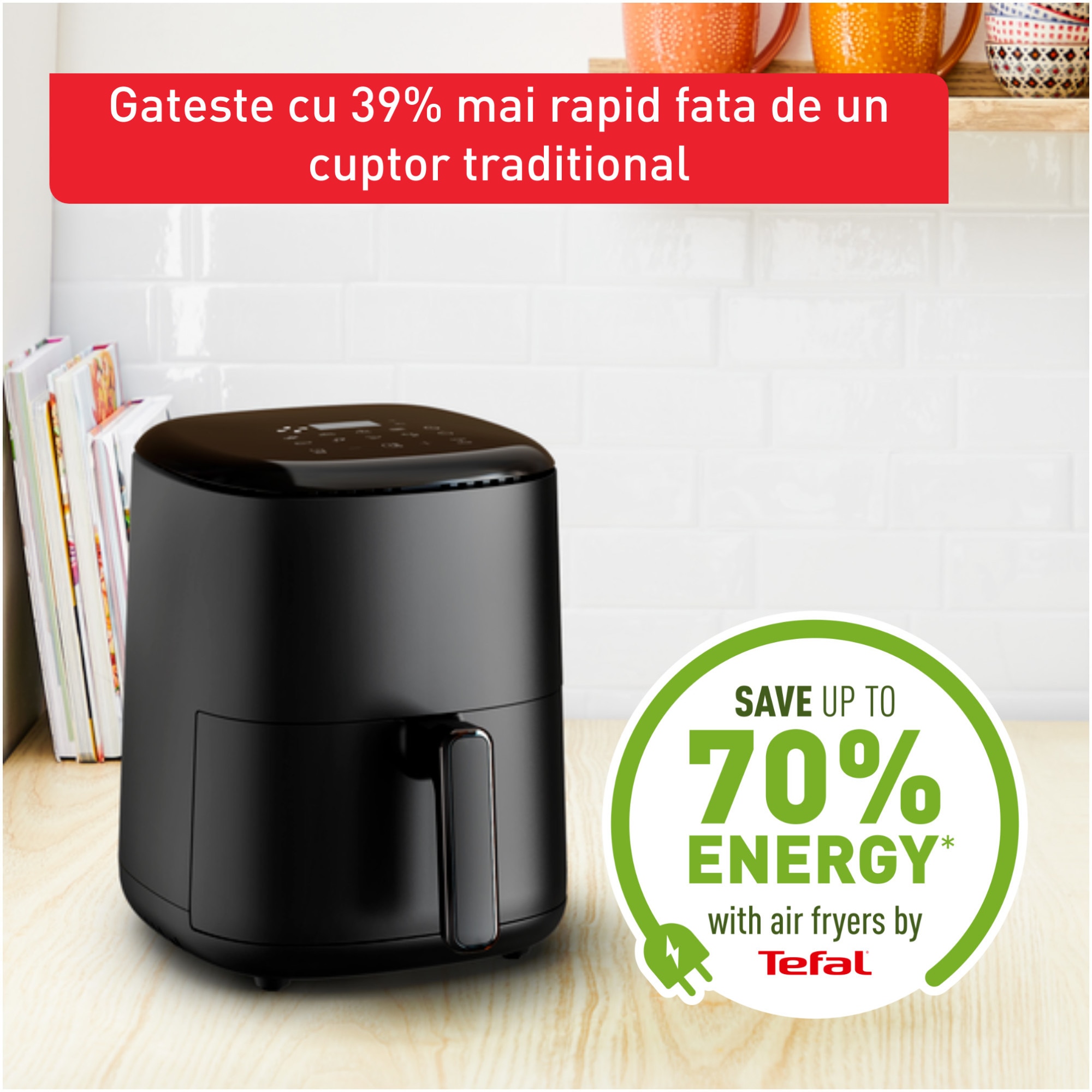 Friteuza cu aer cald Tefal Easy Fry Compact EY145810, 1300W, 10 programe, capacitate 3L, ecran ...