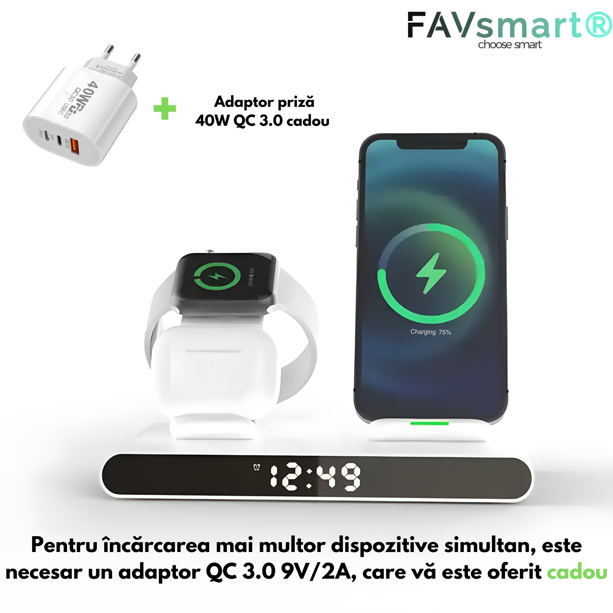 Statie de Incarcare Wireless 3 in 1 FAVsmart®, Incarcare Rapida 15W ...