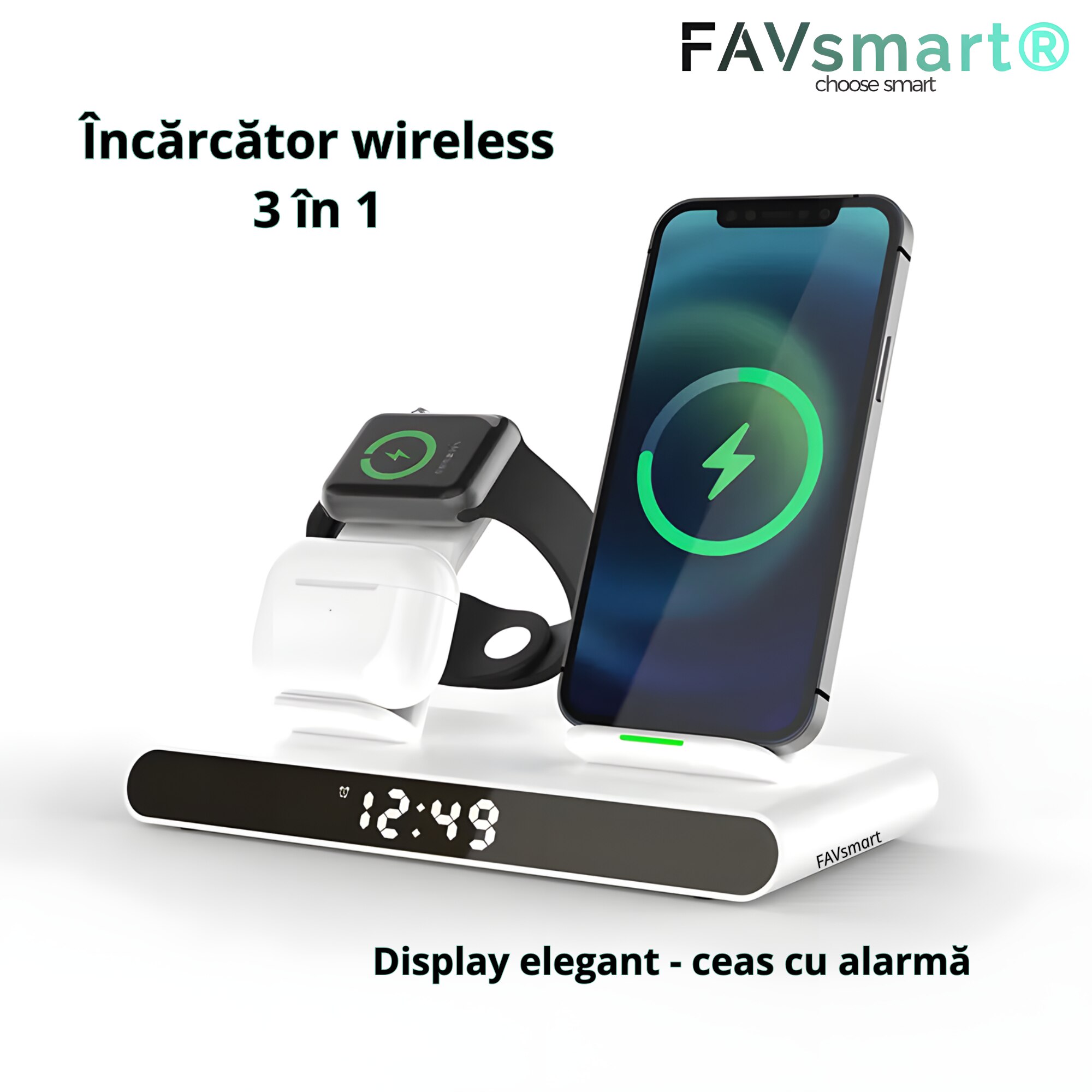 Statie de Incarcare Wireless 3 in 1 FAVsmart®, Incarcare Rapida 15W ...