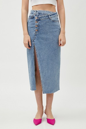 KOTON, Fusta de denim cu slit frontal, Albastru pastel, 34 - eMAG.ro