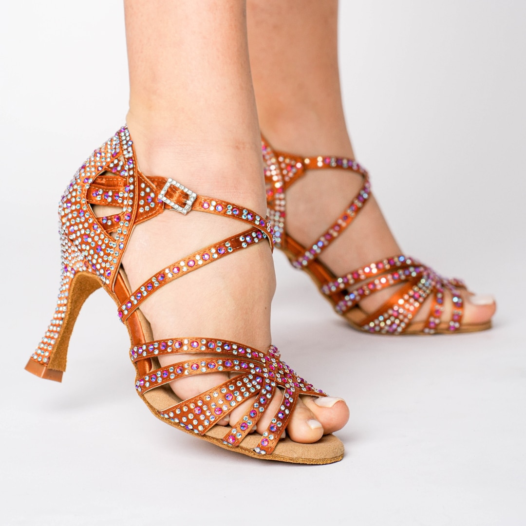 Pantofi de dans latino dama din satin, maro cu pietricele, toc 9cm, 38 ...