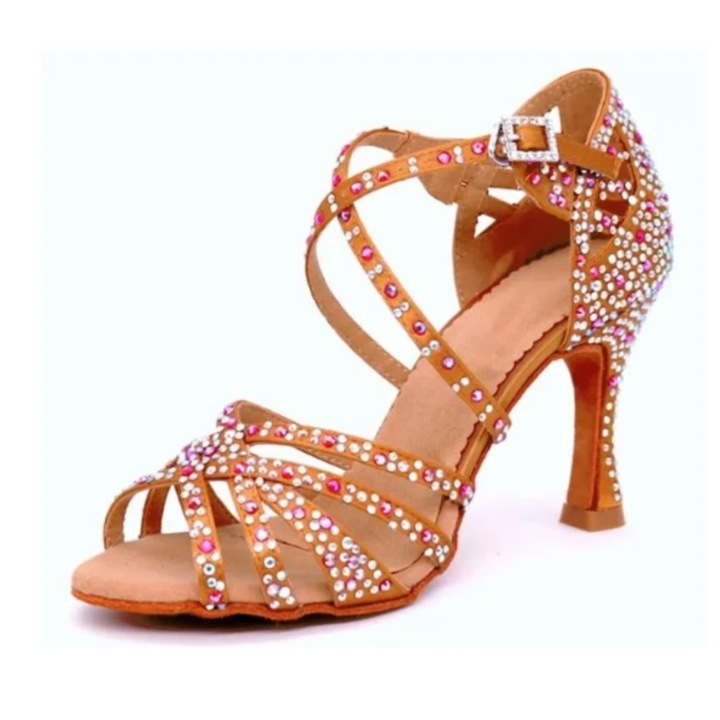 Pantofi de dans latino dama din satin, maro cu pietricele, toc 9cm, 38 ...