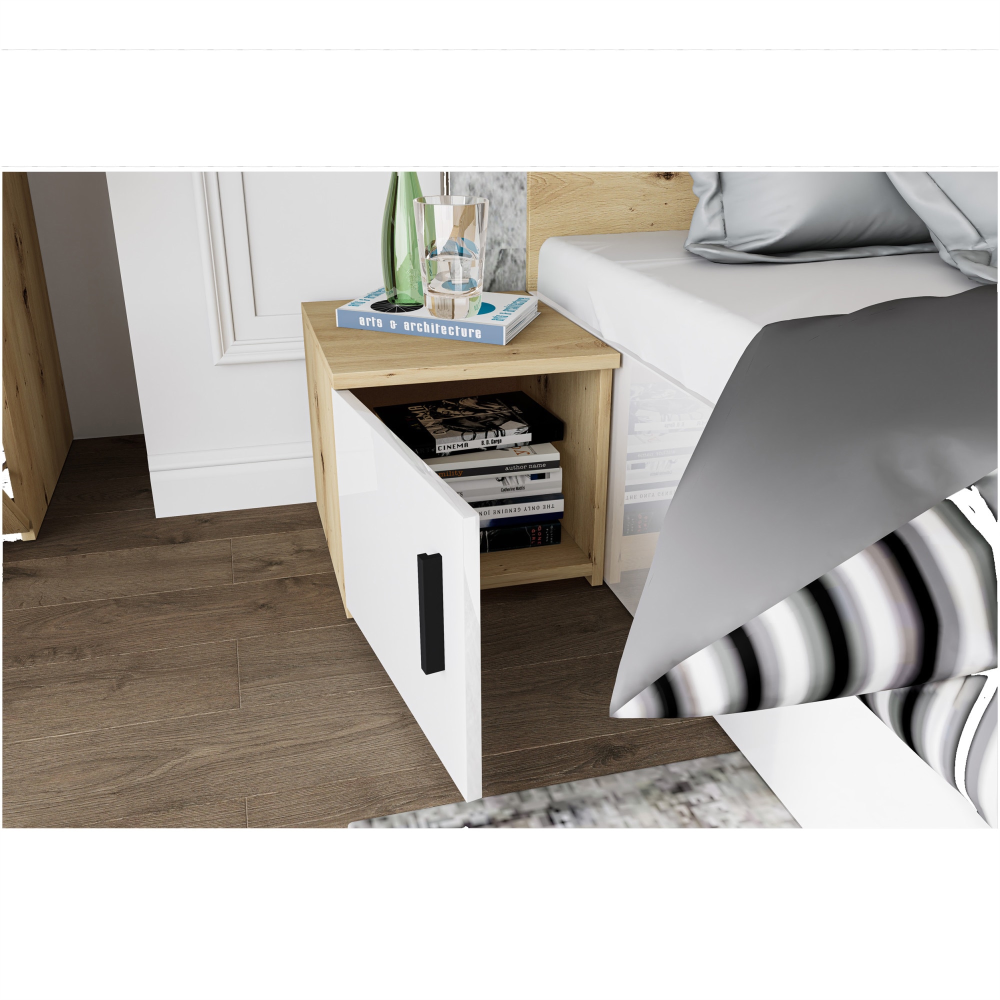 Set Mobila Dormitor Irim Treff, Pat 160x200 cm, Dulap, 2 Noptiere ...