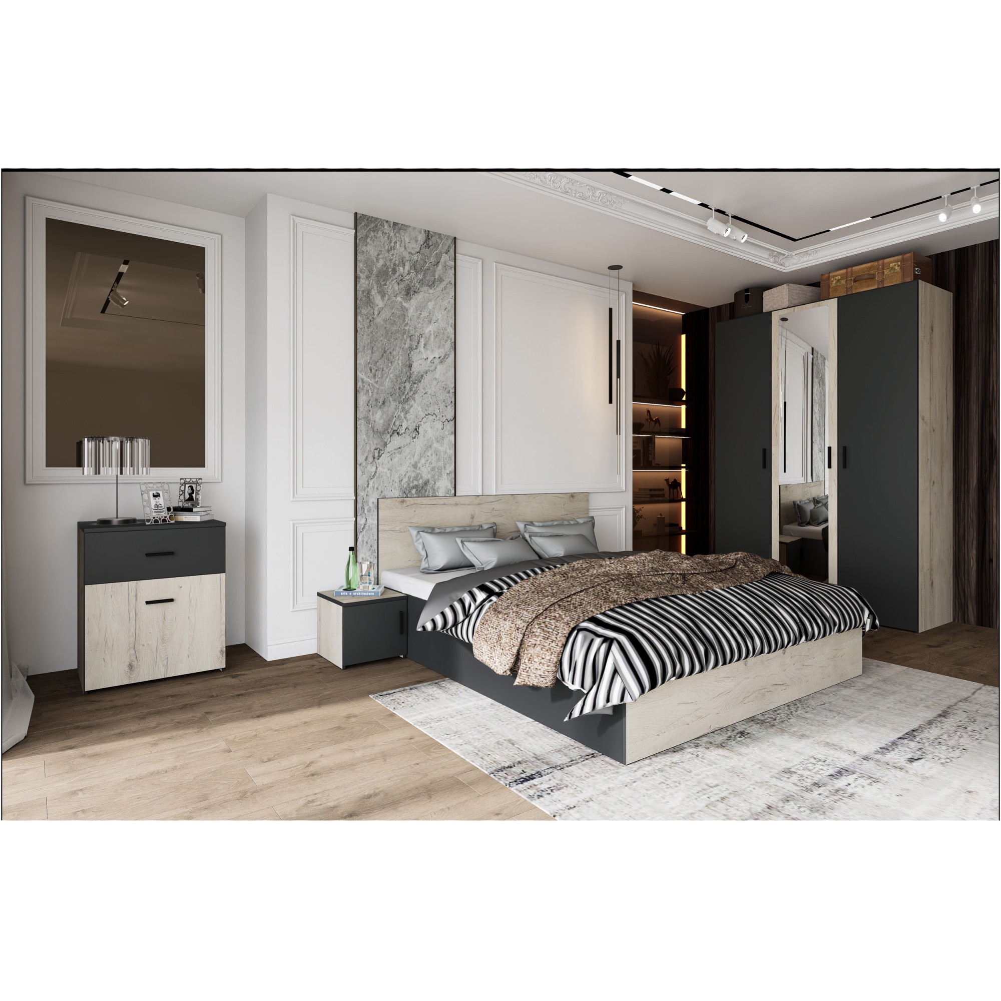 Dormitor Irim Treff, Pat 160x200 cm, Dulap, 2 Noptiere, Comoda, Culoare ...