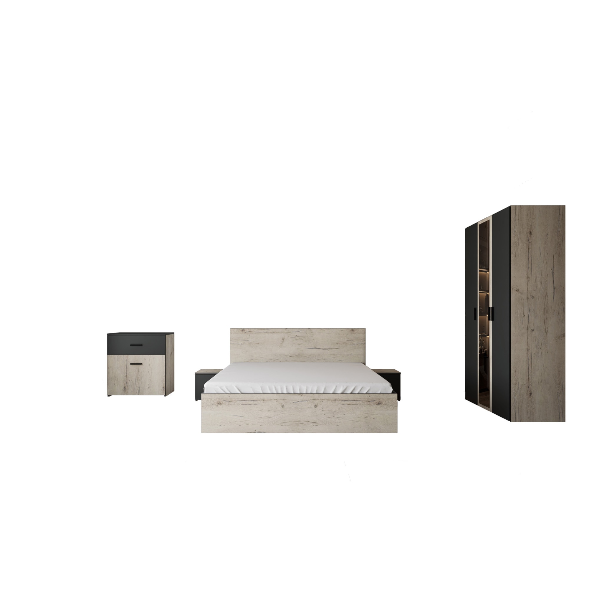 Set Mobila Dormitor Irim Treff, Pat 160x200 cm, Dulap, 2 Noptiere ...