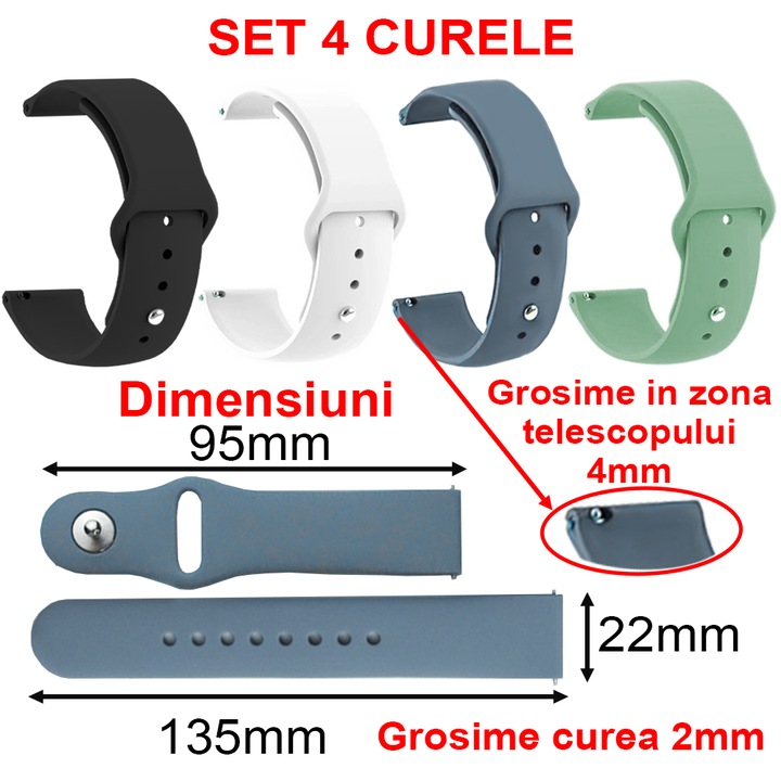 Curea ceas, pentru Smartwatch, din silicon, 4 bucati, latime 22mm ...