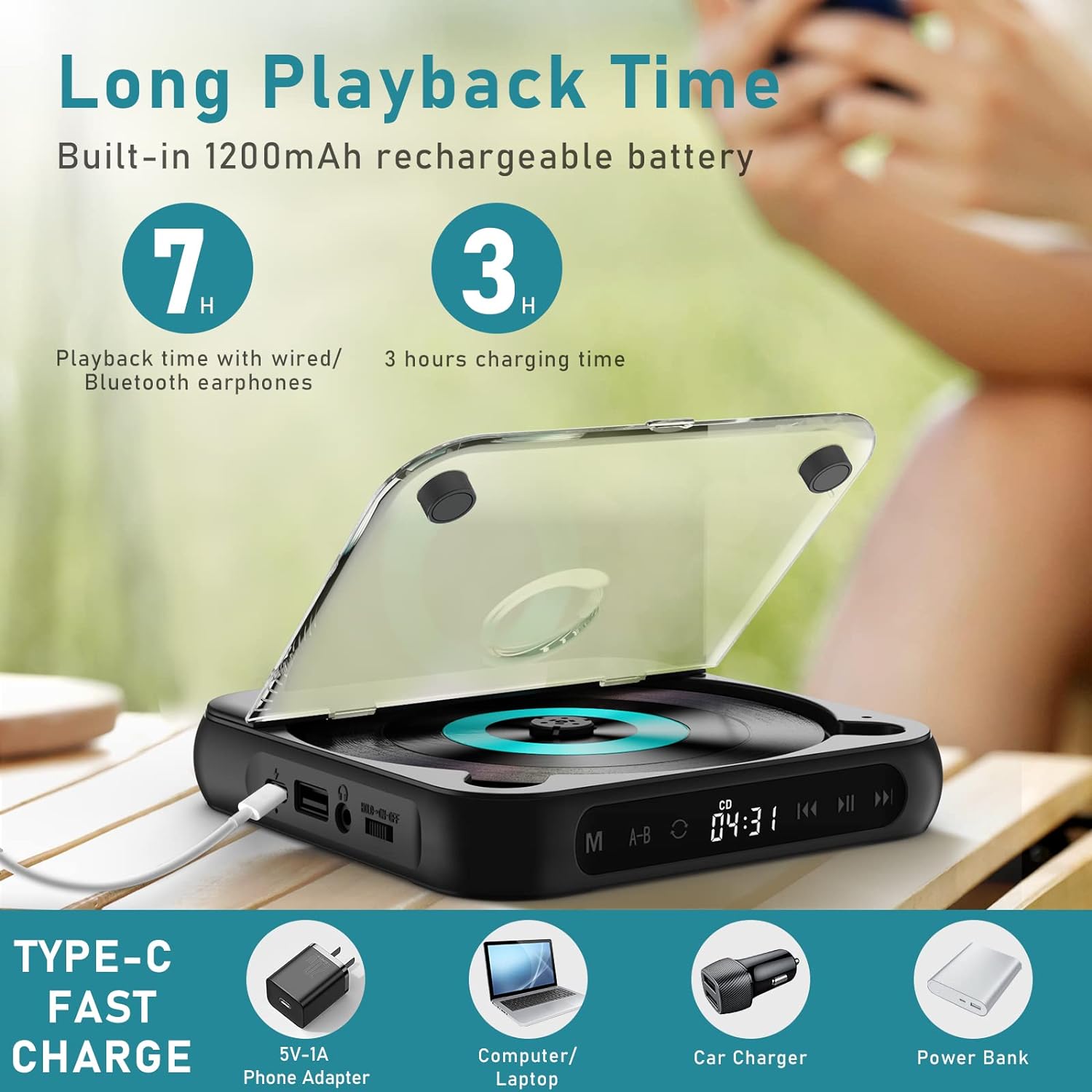 CD player portabil multifunctional, GOSTOCK®, Bluetooth, Display LCD ...
