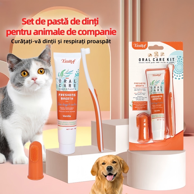 Set de ingrijire orala pentru pisici si caini, pasta de dinti + periuta ...