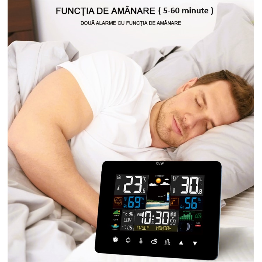 Statie meteo cu ceas si Transmitator exterior 72DeSi, ecran LCD color ...
