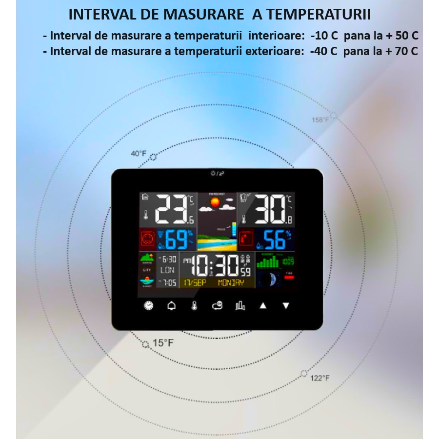 Statie meteo cu ceas si Transmitator exterior 72DeSi, ecran LCD color ...