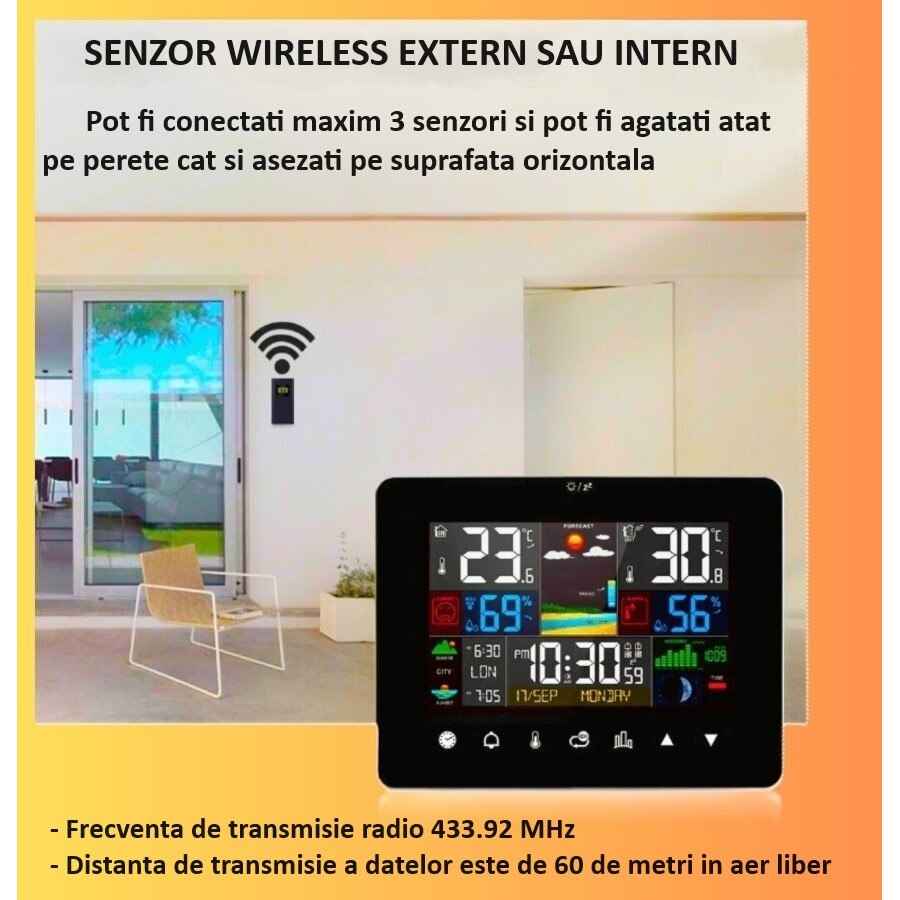 Statie meteo cu ceas si Transmitator exterior 72DeSi, ecran LCD color ...