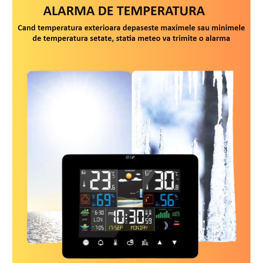 Statie meteo cu ceas si Transmitator exterior 72DeSi, ecran LCD color ...