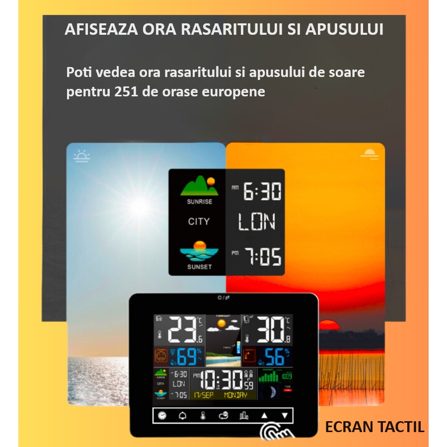 Statie meteo cu ceas si Transmitator exterior 72DeSi, ecran LCD color ...