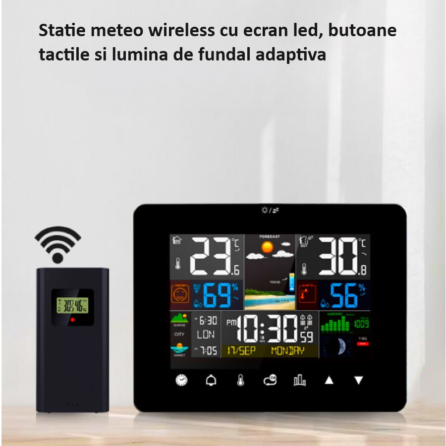 Statie meteo cu ceas si Transmitator exterior 72DeSi, ecran LCD color ...