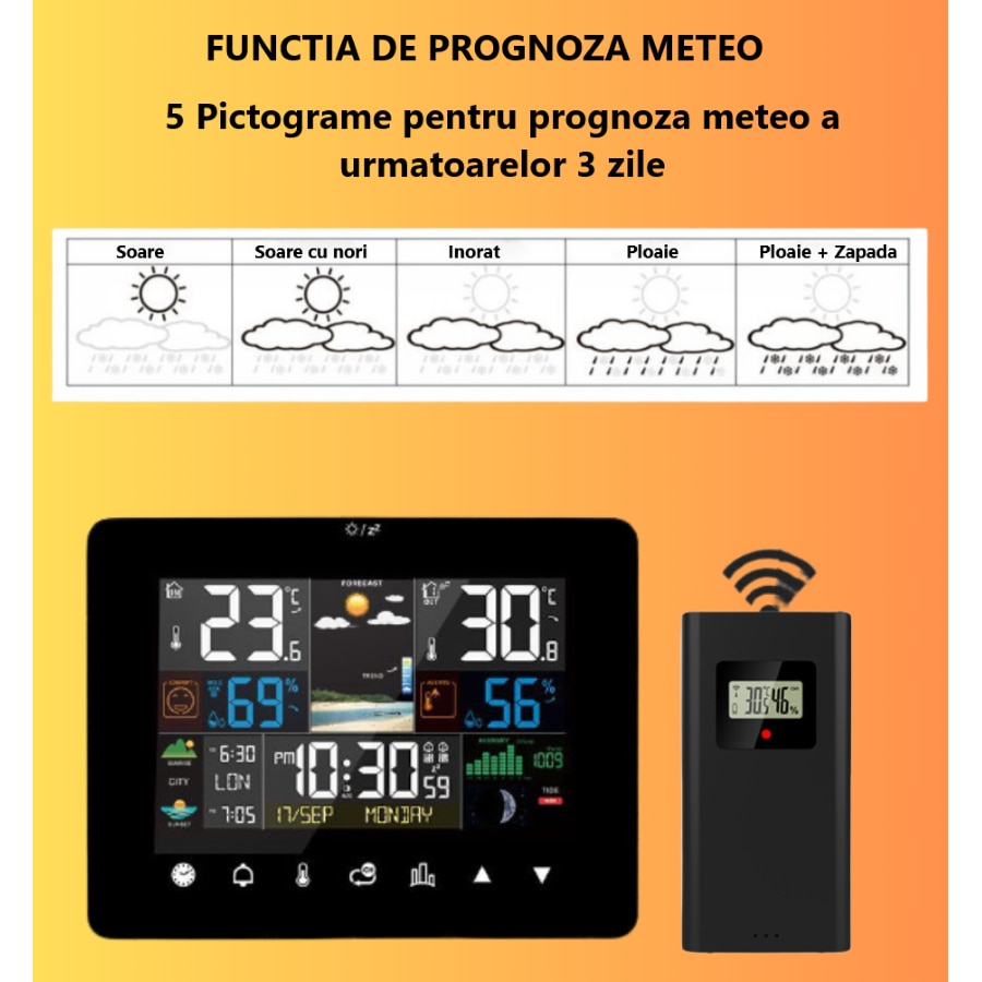 Statie meteo cu ceas si Transmitator exterior 72DeSi, ecran LCD color ...
