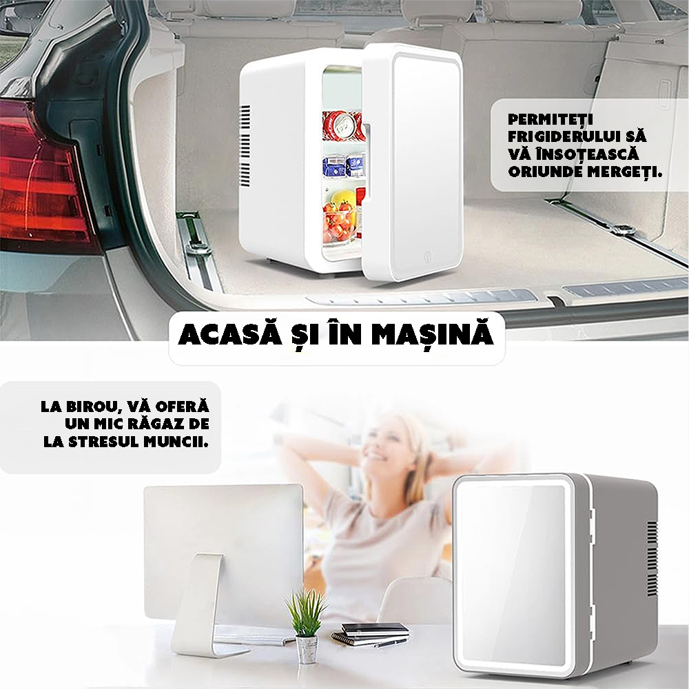 Mini Frigider, CYBERDUST, Makeup, Beauty, Oglinda cu lumina LED, Pentru ...