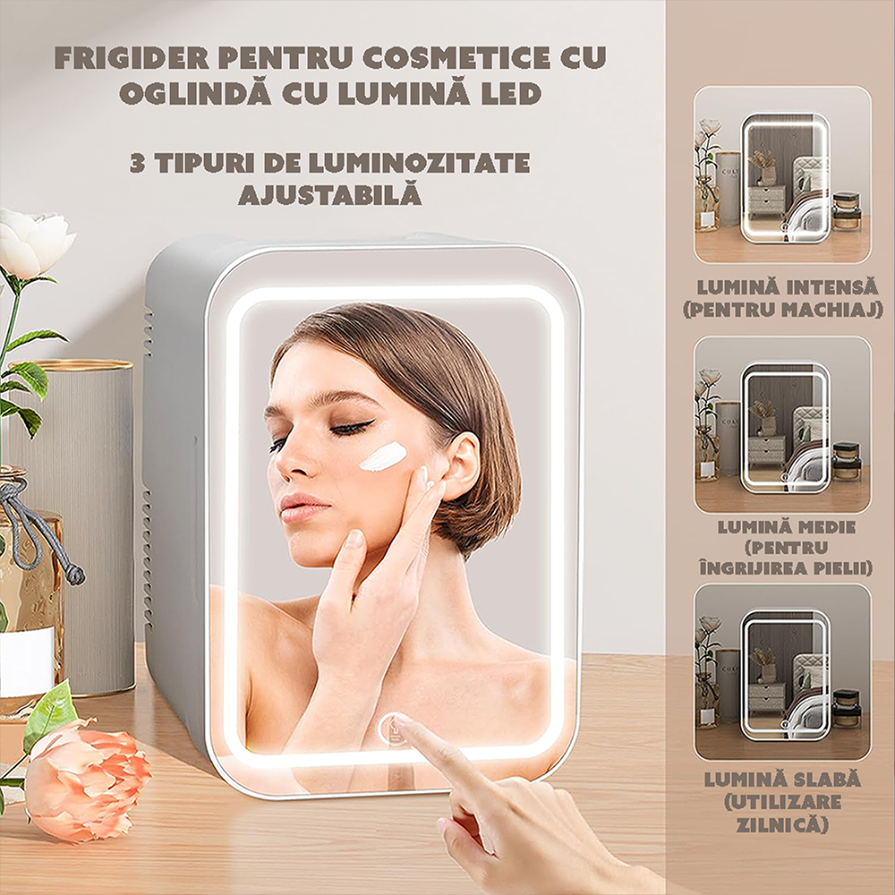 Mini Frigider, CYBERDUST, Makeup, Beauty, Oglinda cu lumina LED, Pentru ...