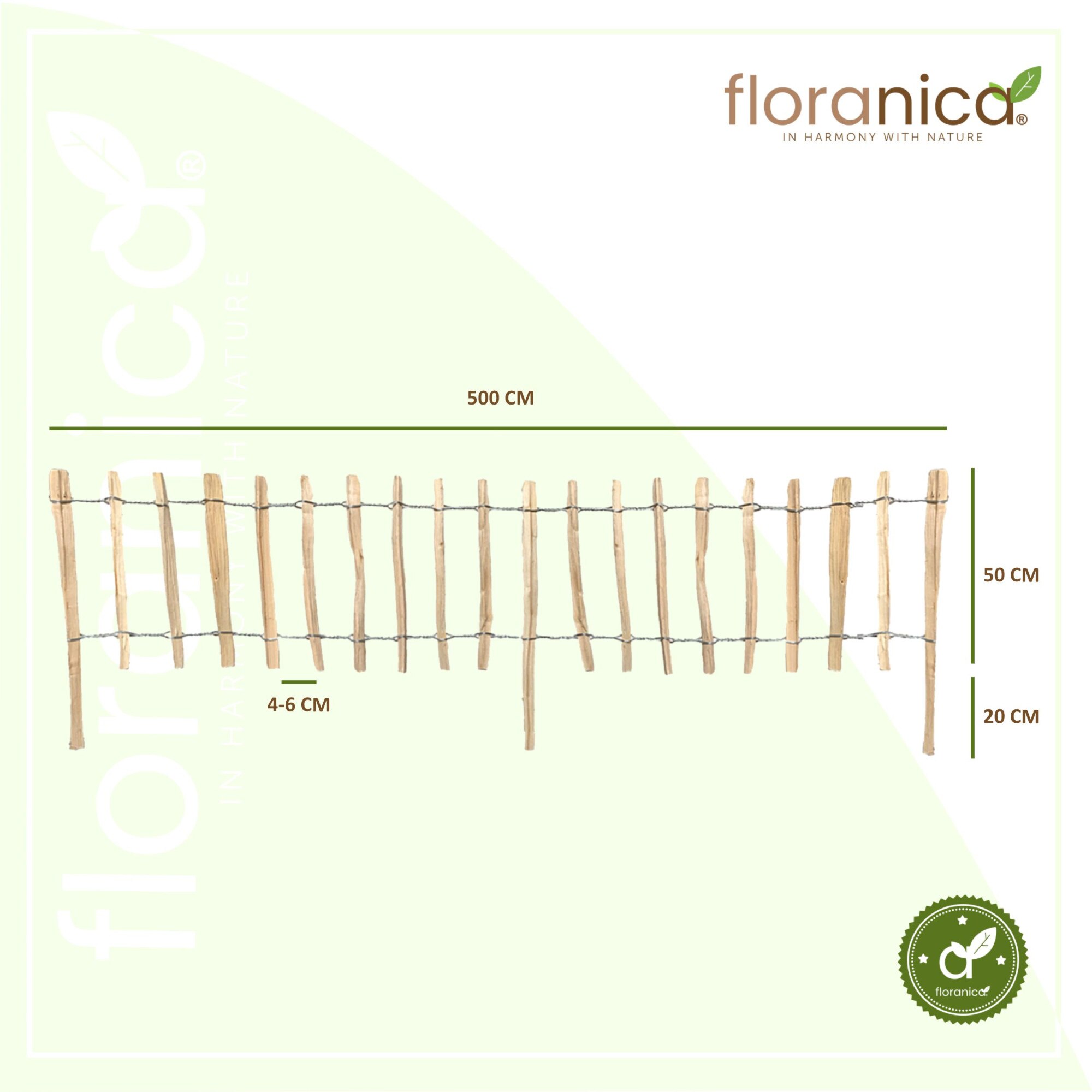 Gard de lemn cu stalpi, Floranica - alun, 500 cm x 50 cm, distanta 4-6 ...