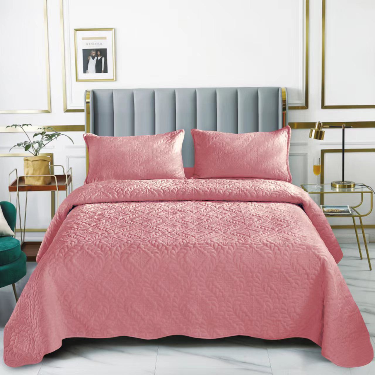 Set cuvertura catifea de pat dublu cu 2 fete perna, 3 piese, 230x250 cm ...
