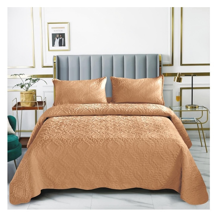 Set cuvertura catifea de pat dublu cu 2 fete perna, 3 piese, 230x250 cm, maro deschis - eMAG.ro