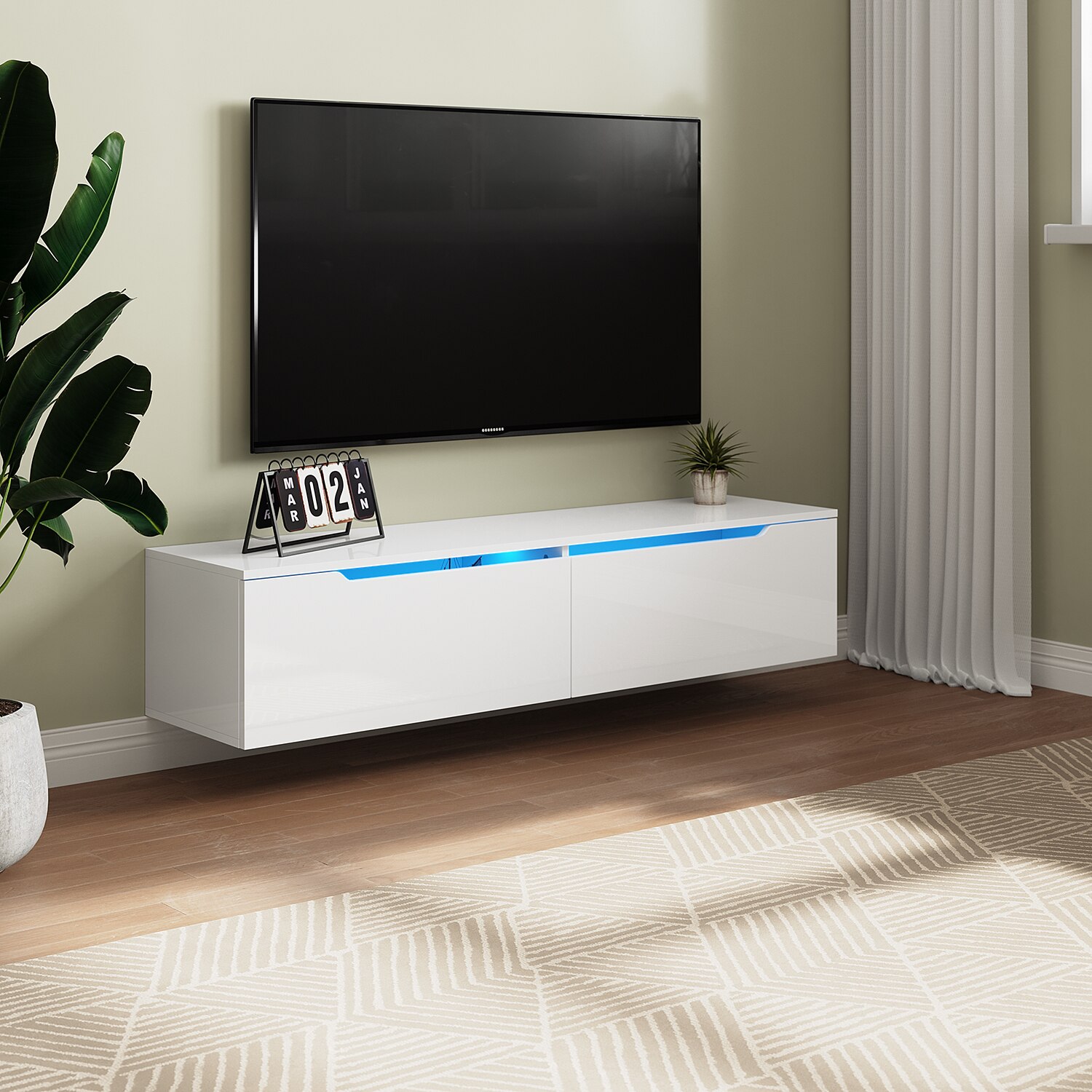 Comoda TV, Cu LED, Suspendat, Lucios, Design modern, 140x35x30 cm - eMAG.ro