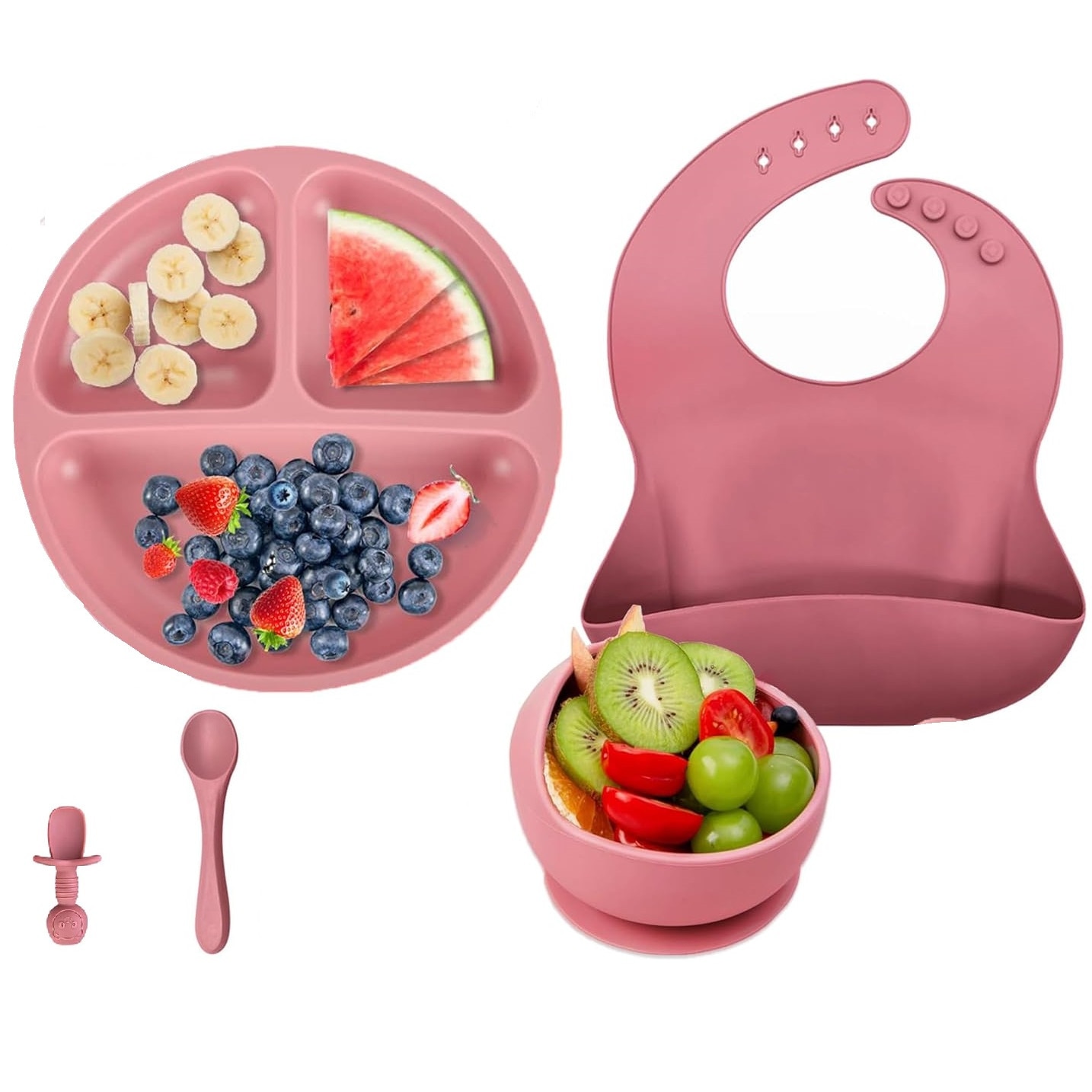 Set hranire bebelusi Zenai®, diversificare, silicon, baveta, farfurie, bol cu ventuza, lingurite ...