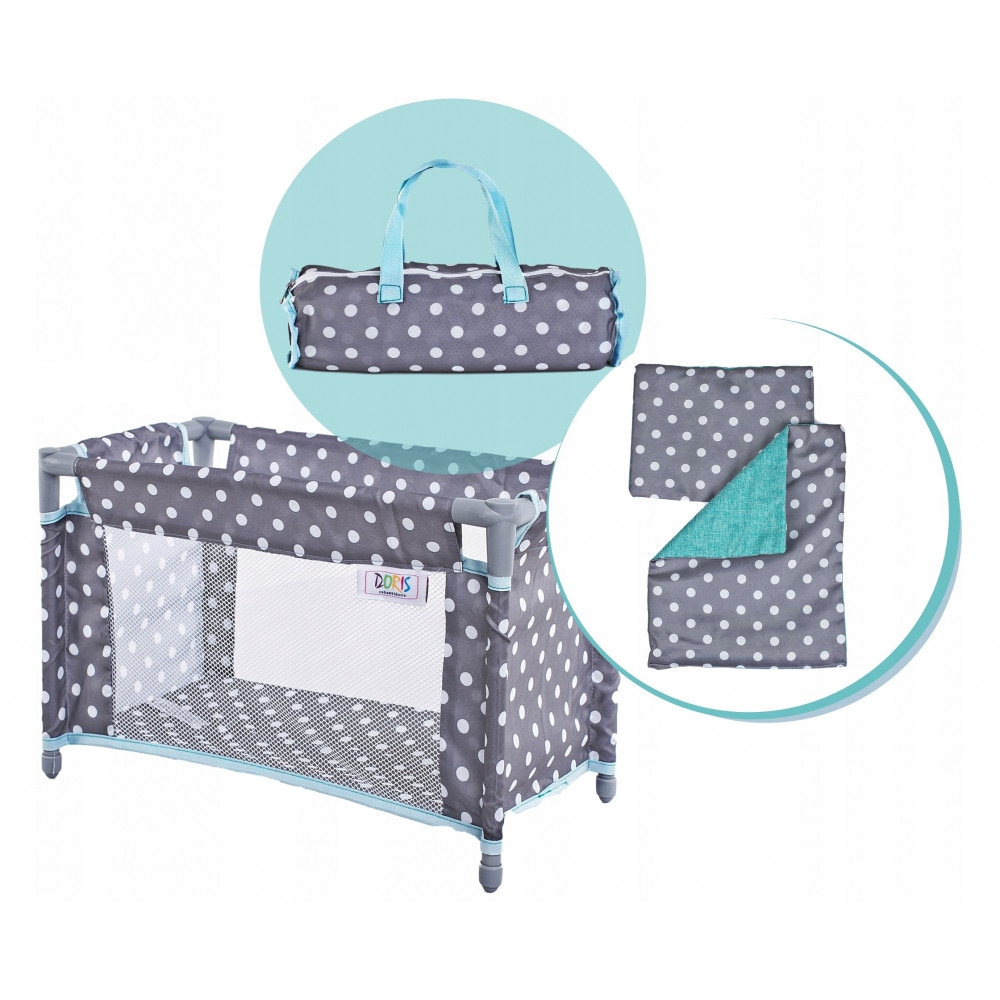 Patut pliabil pentru papusi Doris Gri/Turcoaz Bulinute cu pilota, perna ...