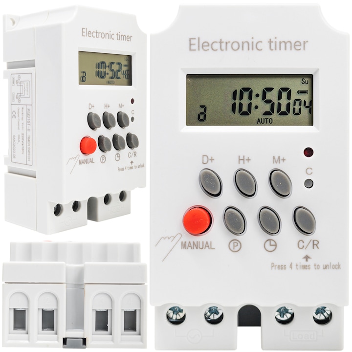 Ceas Programator Saptamanal Digital Retoo KG316T-II pentru Sina DIN, ecran LCD, 25A, 220V ...