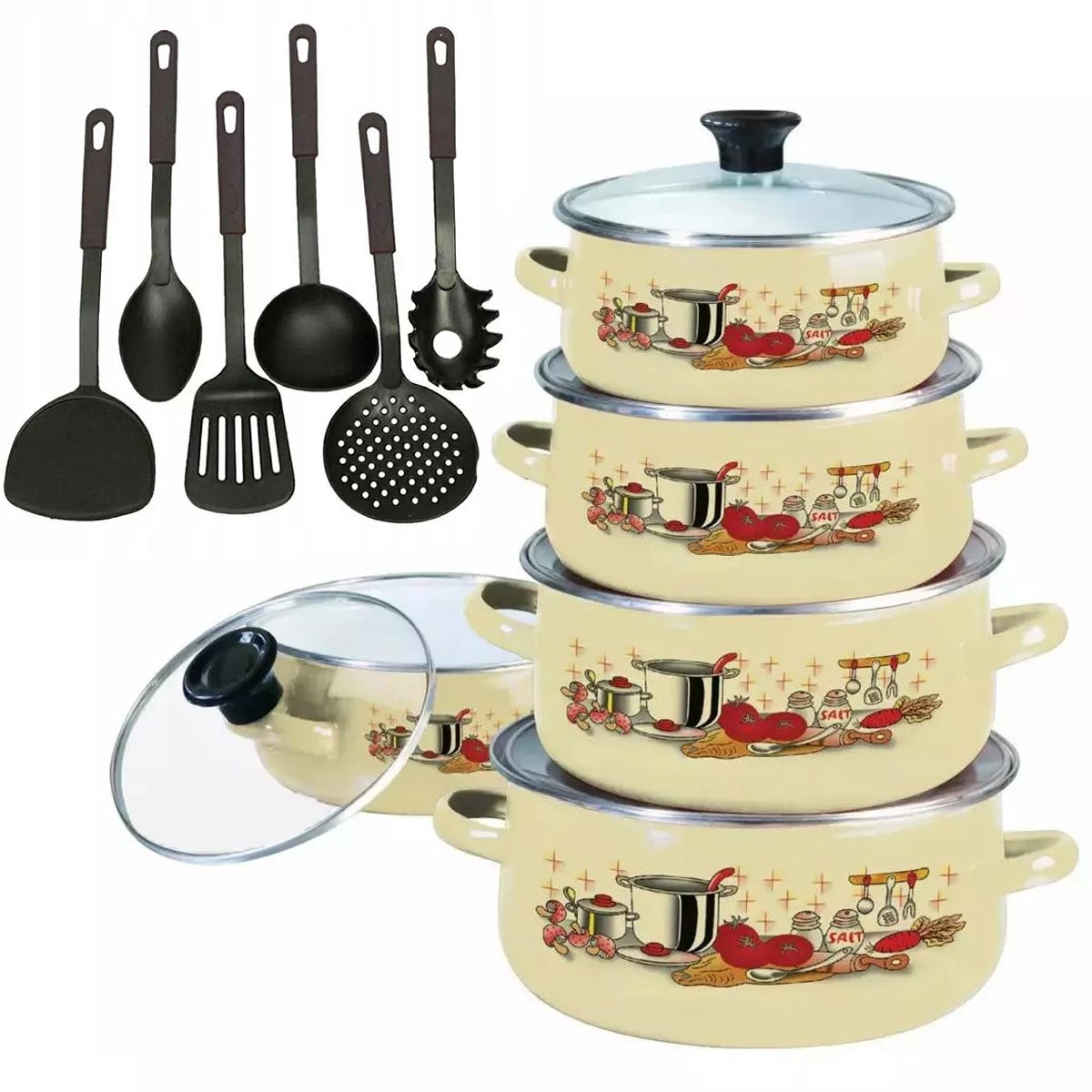 Set de oale emailate Klausberg KB 7170 crema cu ustensile de bucatarie ...