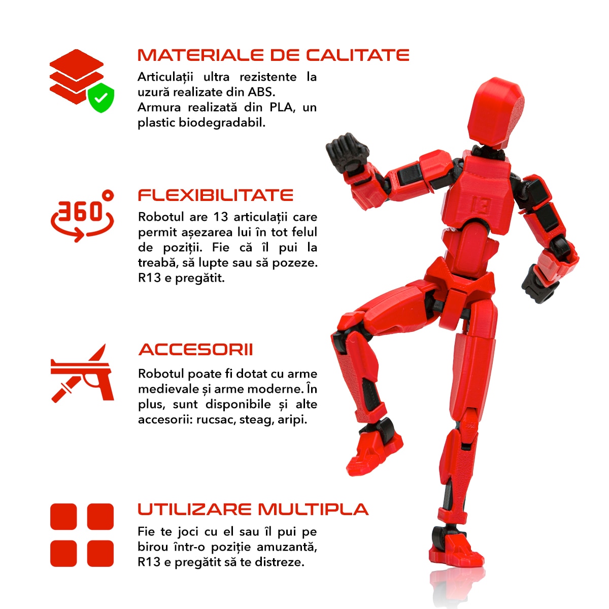 Robot figurina cu articulatii R13, mediu, 16, 5cm, imprimat 3D, rosu ...