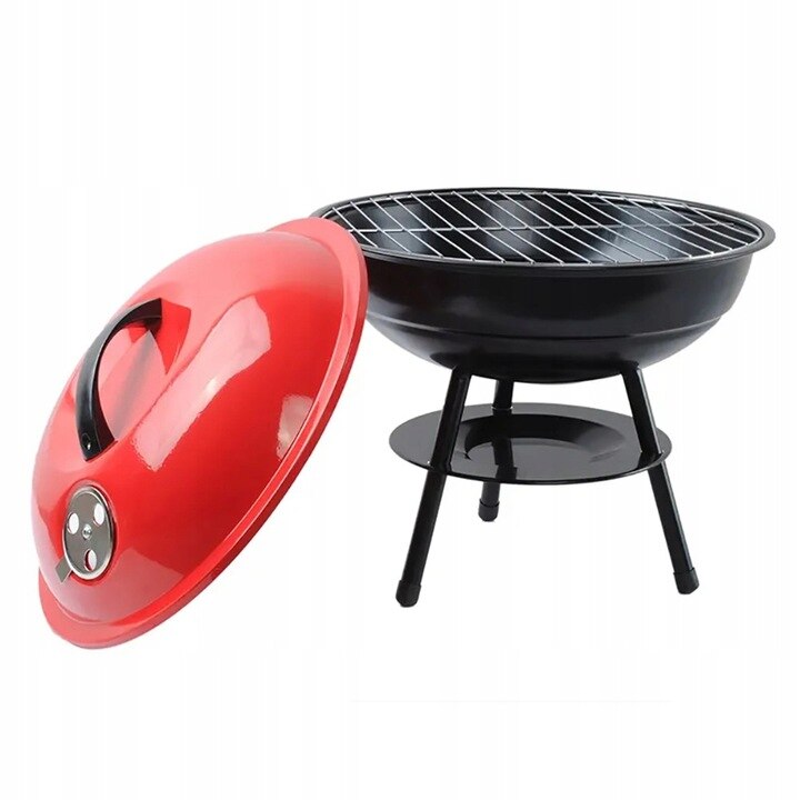 Gratar rotund mini cu carbune, Evena, Pliabil si capac, Negru si rosu ...