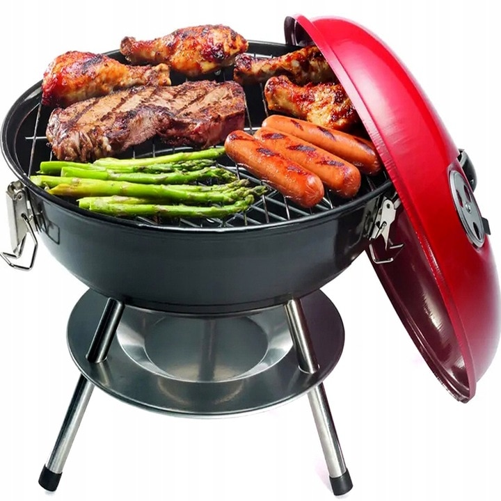 Gratar rotund mini cu carbune, Evena, Pliabil si capac, Negru si rosu ...