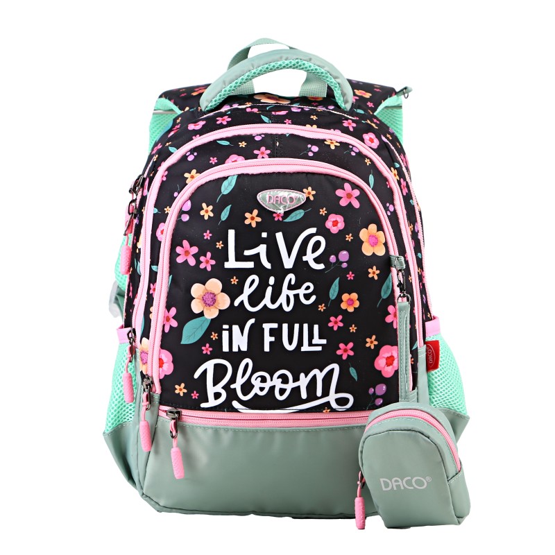 Ghiozdan scolar GH3007 Daco 38 x 30 x 17 cm, Motiv Bloom, Negru/Verde ...