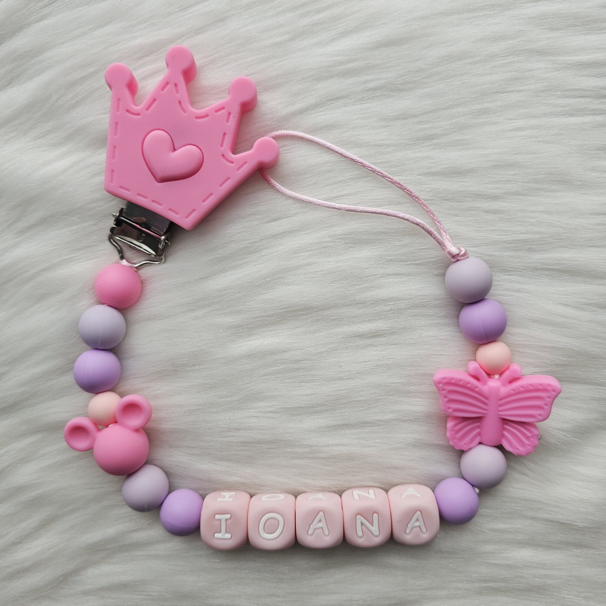 Lantisor pentru suzeta din silicon alimentar, Coronita Roz - eMAG.ro