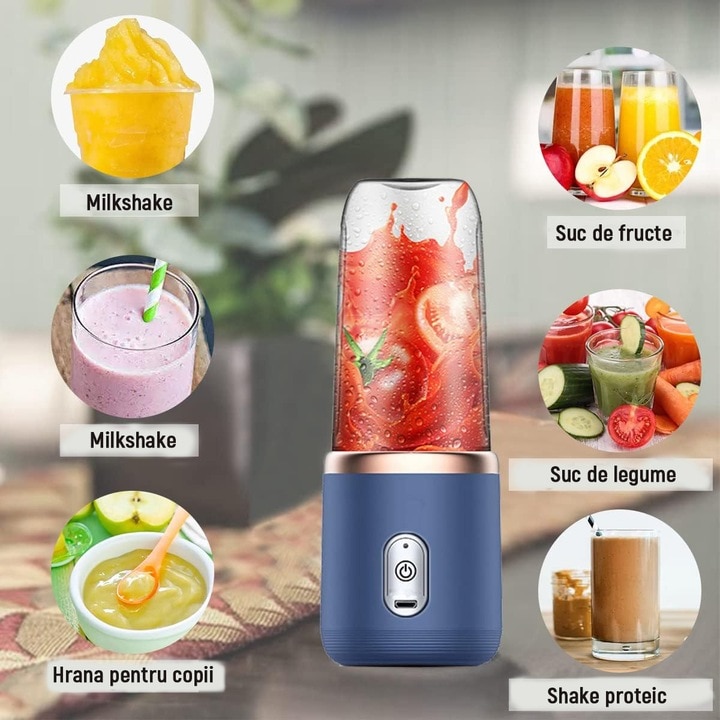 Mini blender electric, wireless, cu 6 lame din otel inoxidabil, portabil, putere 40 W, albastru ...