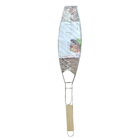 Paleta gratar grill inox pentru peste, cu maner lemn, 57x10 cm, Eotia ...