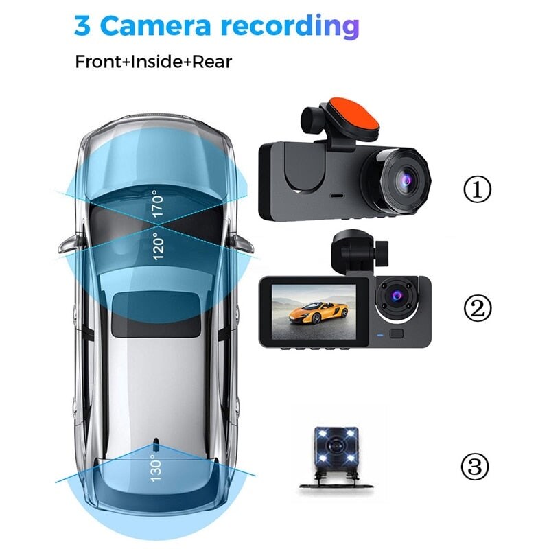 Camera tripla auto DVR slim, ecran LCD 2 inchi, Full HD, 3 lentile, 2 ...