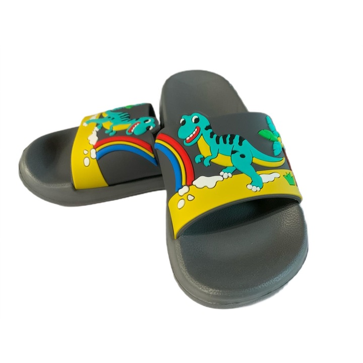 Papuci pentru copii, cu dinozauri, gri, marimea 34 - eMAG.ro