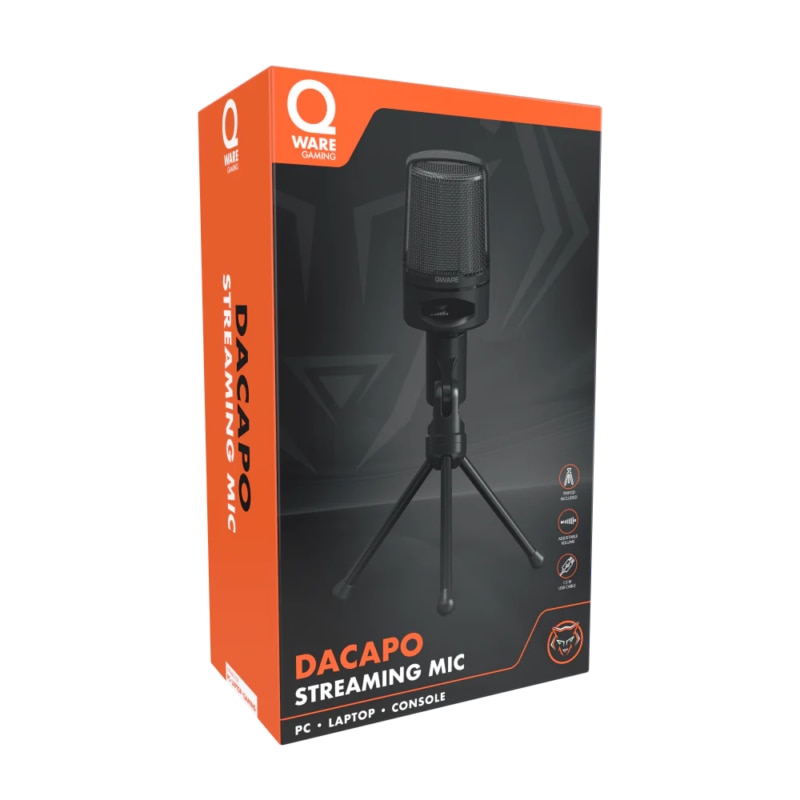 QWare Gaming Dacapo, настолен микрофон, стрийминг, статив, USB, черен ...