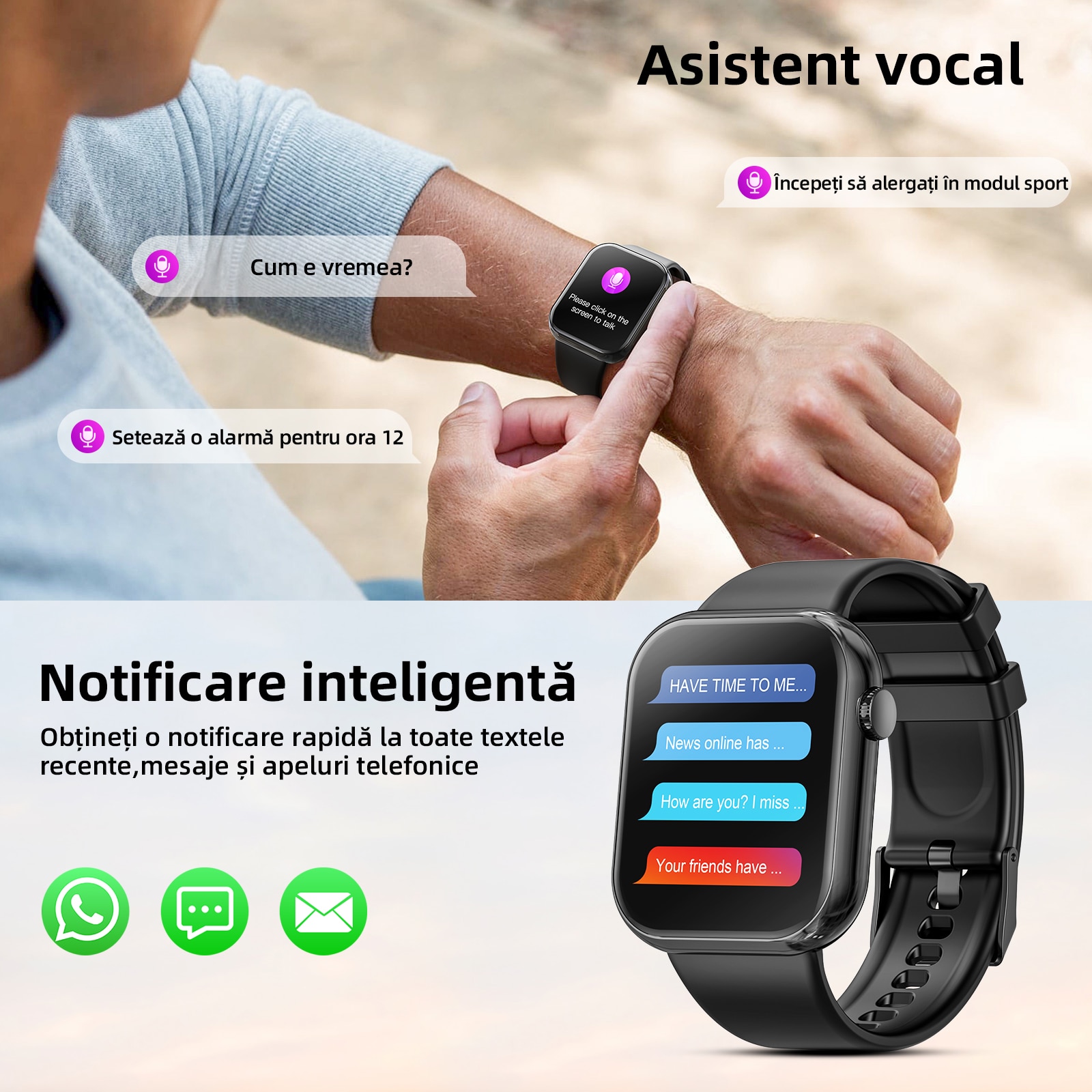 Ceas Smartwatch, Mingtawn, Model G20, Bluetooth Talk, Ecran de 1,85 ...