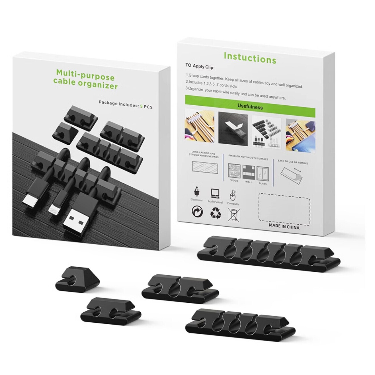 Organizator cabluri birou, Silicon, Negru, Pachet combinat de 5 ...