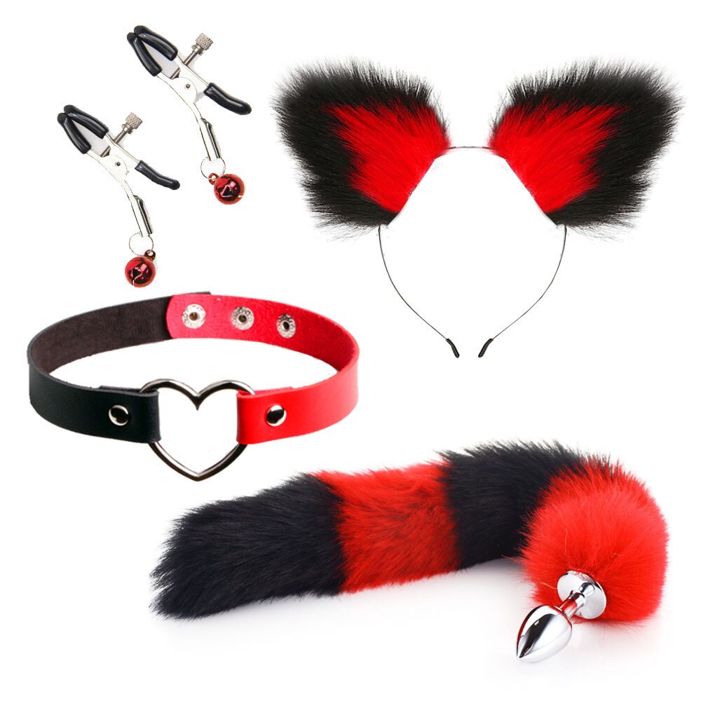 Set 4 accesorii BDSM JENUOS, metal/blana artificiala, coada si urechi ...