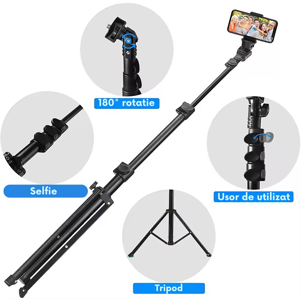 Trepied telescopic profesional, pentru telefon, camera foto sau GoPro ...