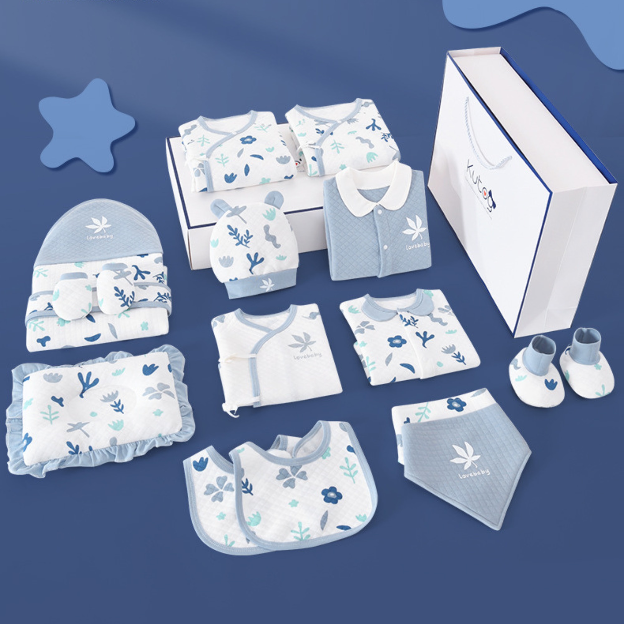 Set hainute 18 piese din bumbac 100%, culoare albastra, model frunze ...