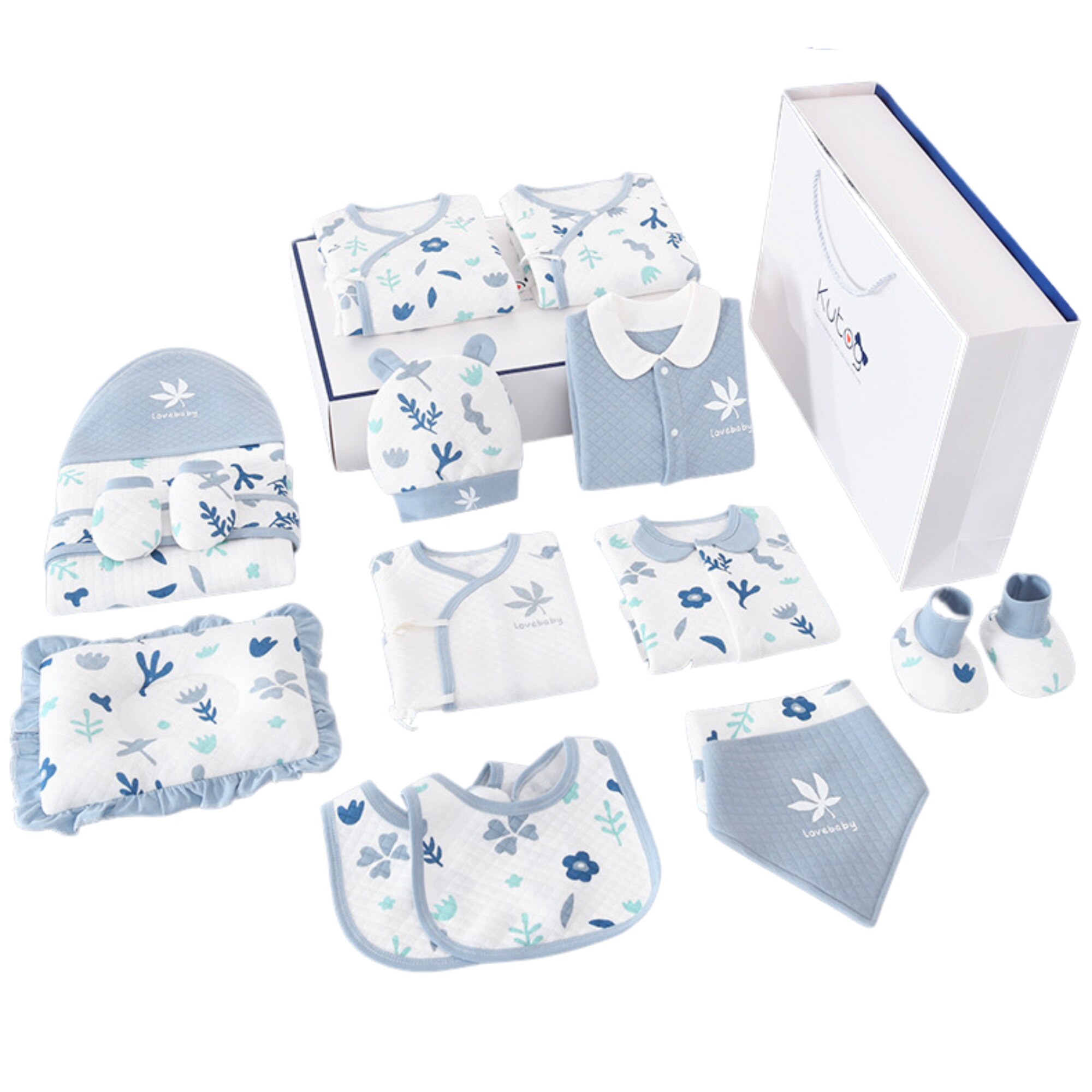 Set hainute 18 piese din bumbac 100%, culoare albastra, model frunze ...